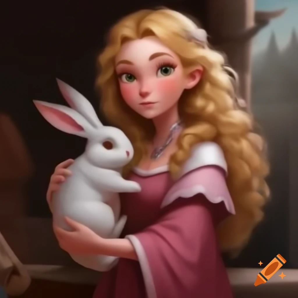 Young princess with blonde hair in pink dress holding pet rabbit in ...