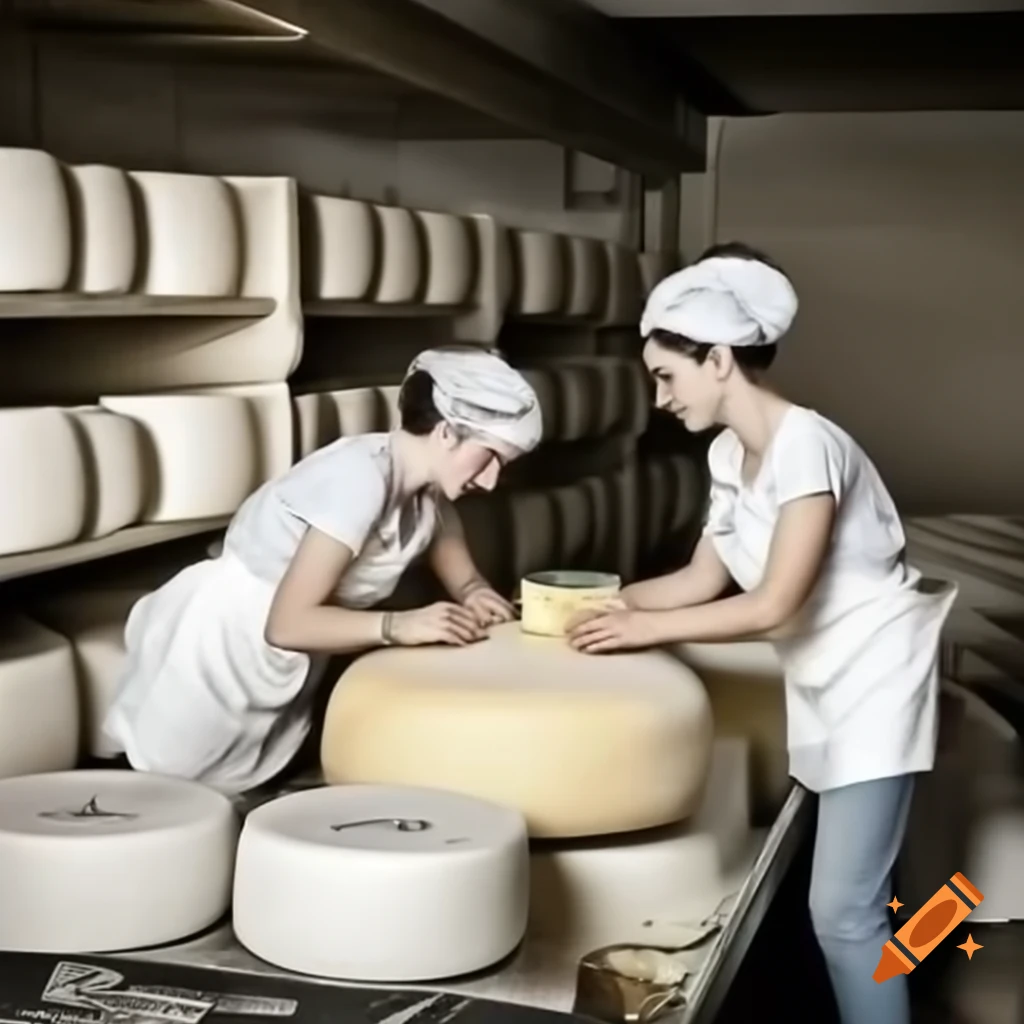 Young women making parmigiano reggiano cheese in a dairy on Craiyon