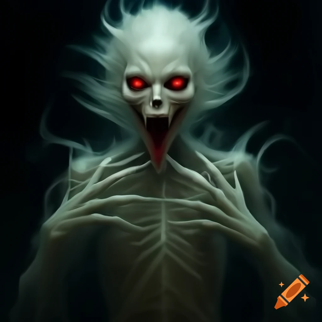 Ghostly figure of a tall, thin monster with mutations and tattered skin ...