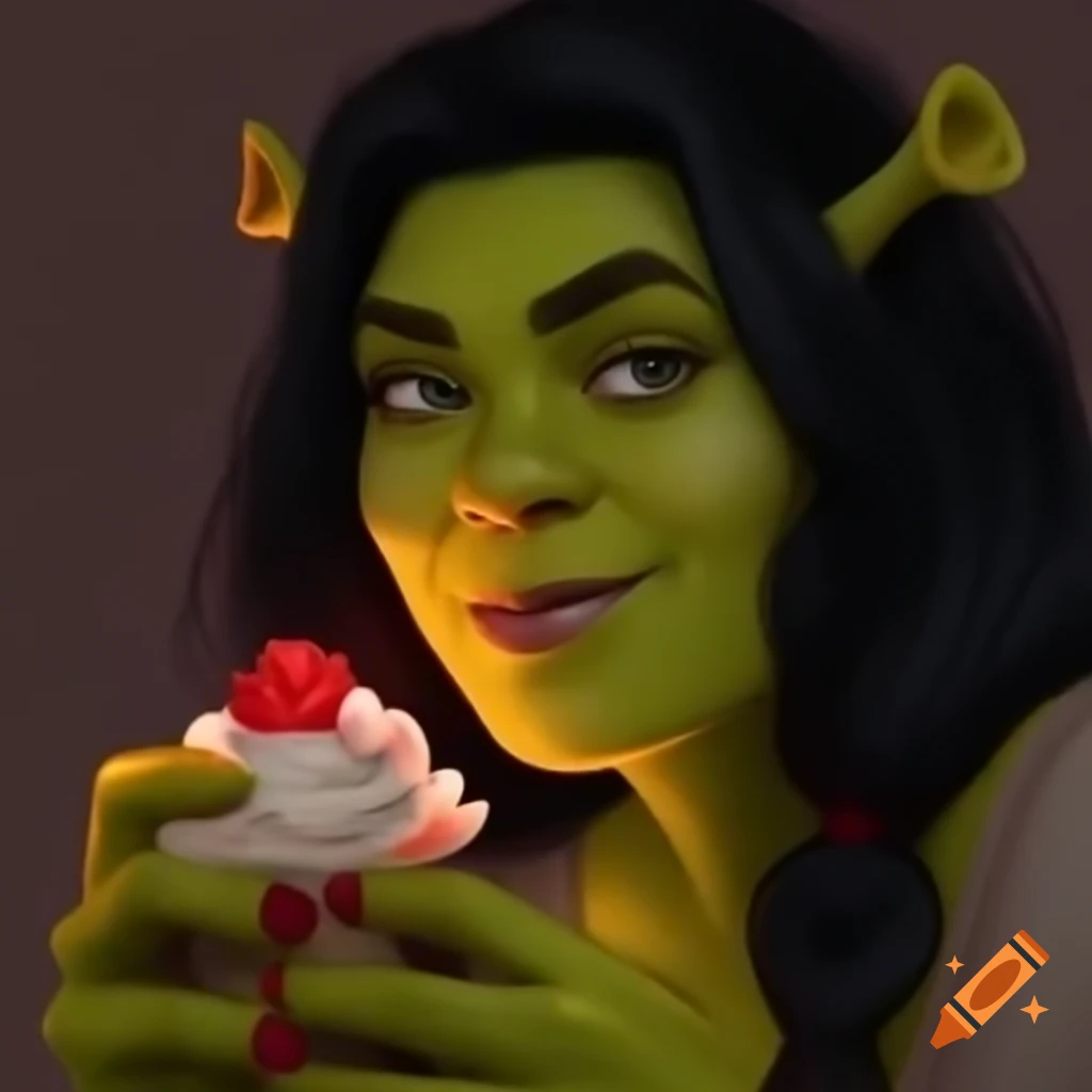 Fiona from Shrek smiling with black hair and red rose, holding ice ...
