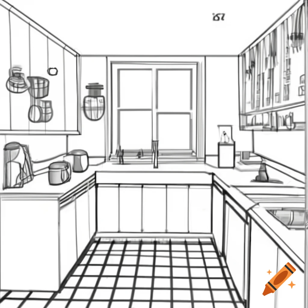 One point perspective kitchen interior line drawing on Craiyon