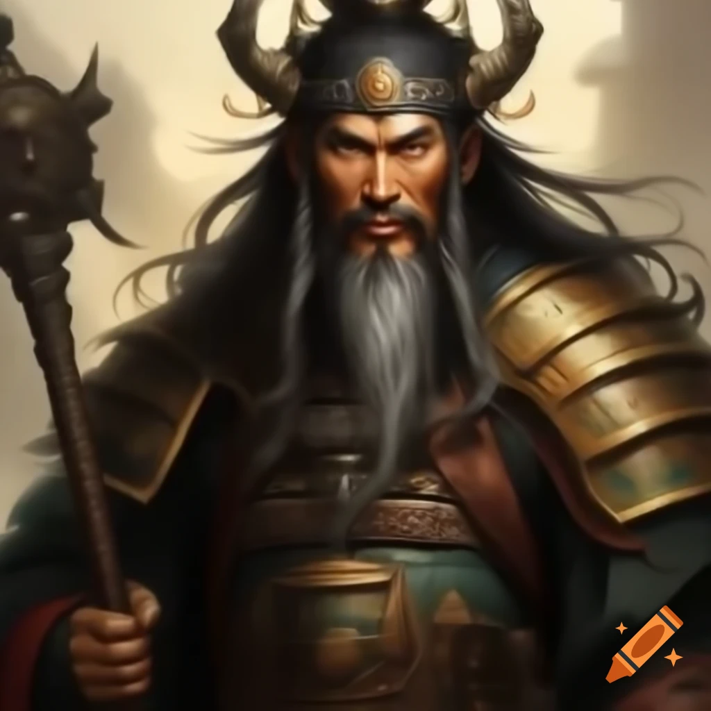 Portrait of Chinese male alchemist in plate armor with mace and shield ...