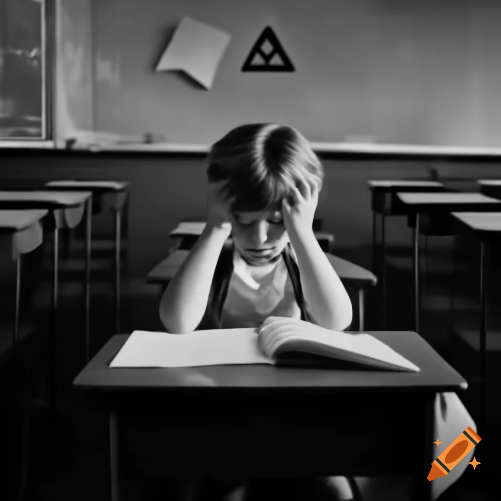 Child sitting in classroom crying holding paper with triangle drawing ...