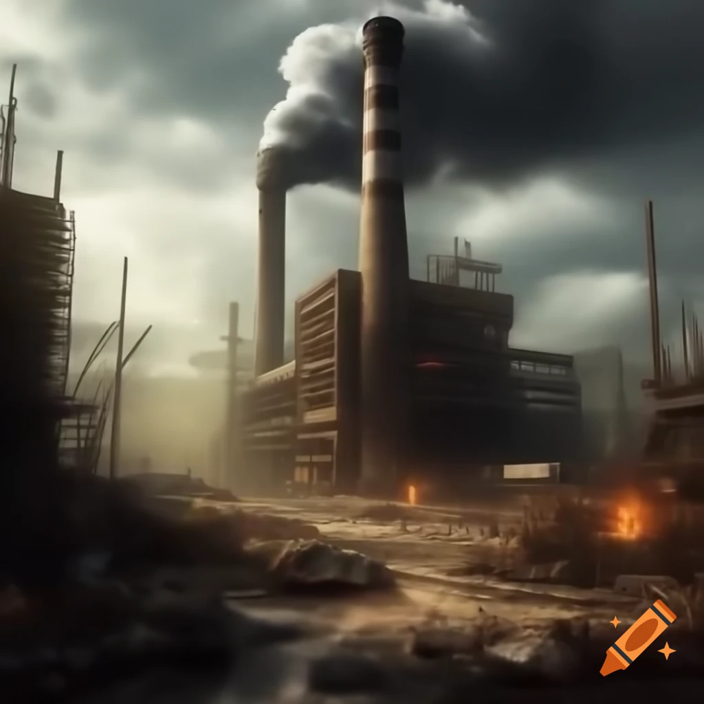 Post-apocalyptic factory scene with smoking chimneys on Craiyon