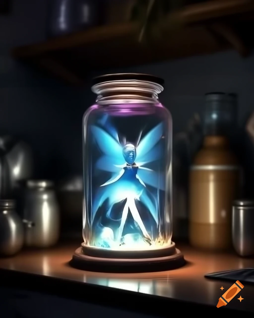 Glowing fairy inside a glass jar on kitchen shelf, anime style on Craiyon