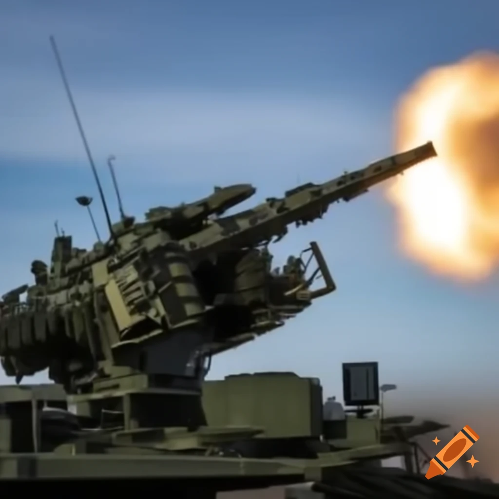 Turret rotating anti-aircraft gun firing into the sky on Craiyon