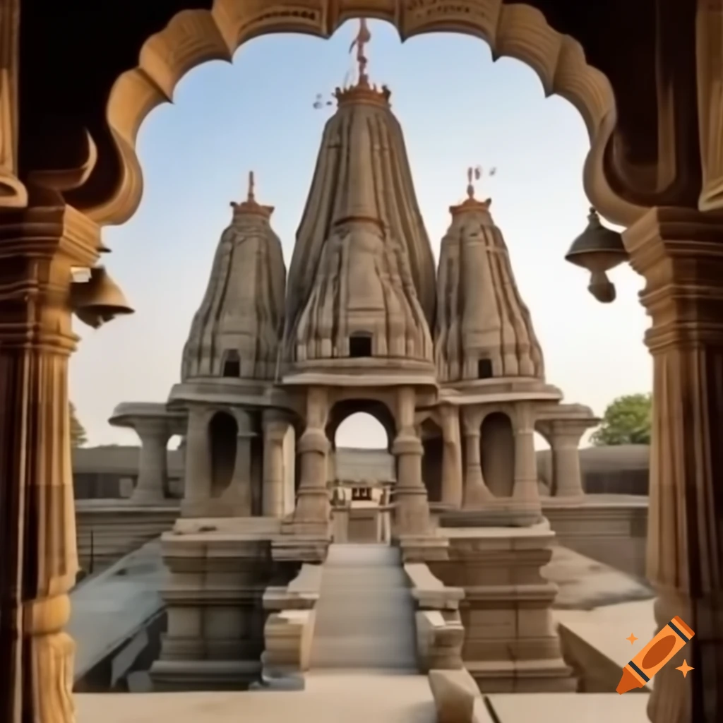 Symmetrical view of Hindu temple pillar with arch and hanging bells on ...