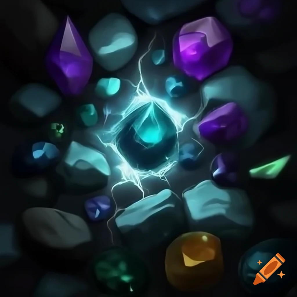 Cluster of glowing magical gemstones in various colors floating in mid ...