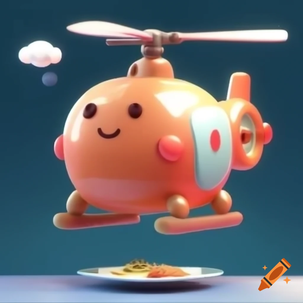 Cute Japanese-style helicopter character floating above a plate on Craiyon