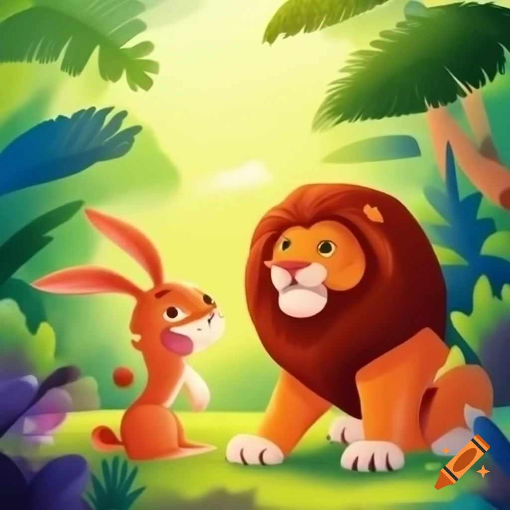 Cartoon rabbit conversing with fierce lion in colorful jungle, children ...