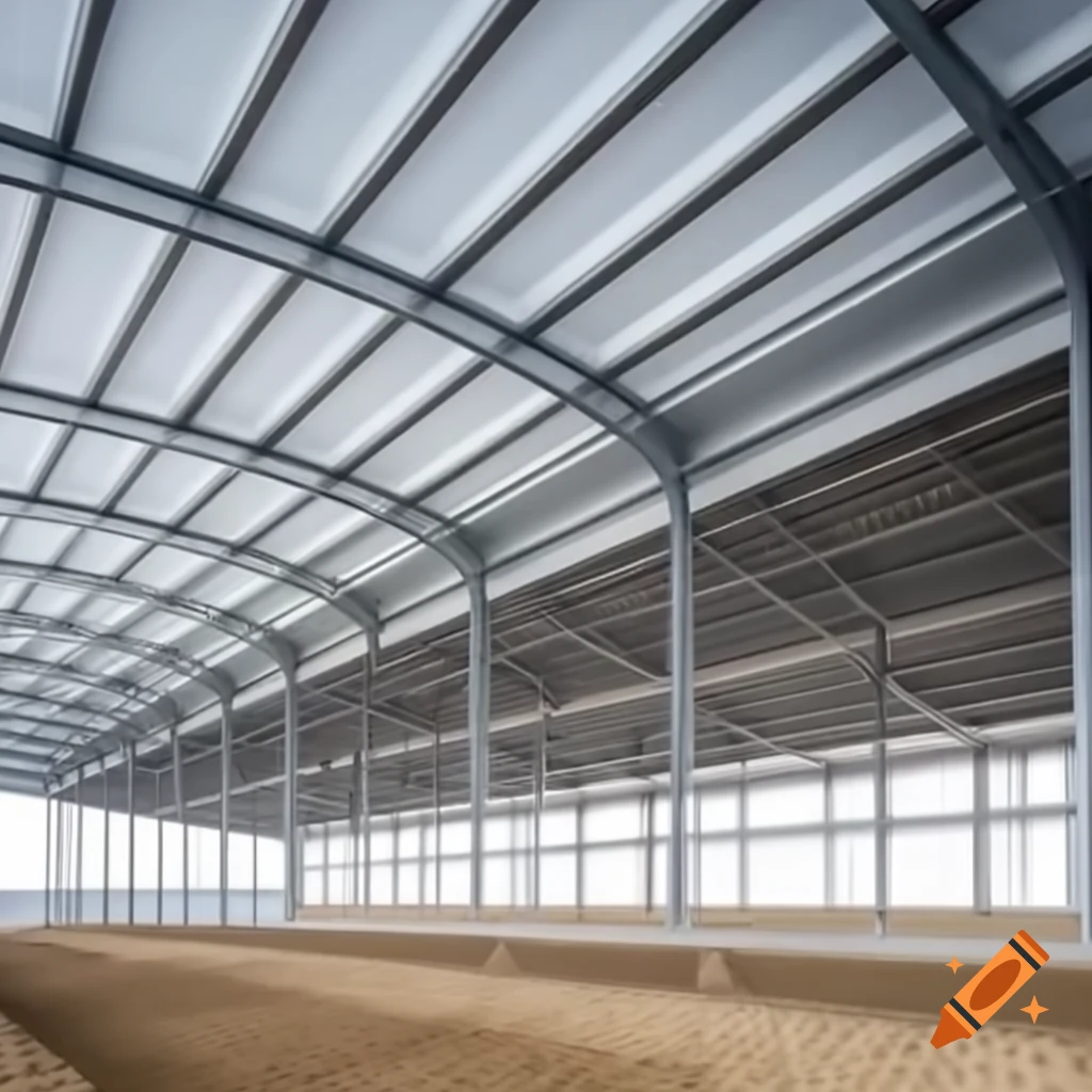 Pitched metal roof for poultry and cattle barns with insulation and structural beams on Craiyon