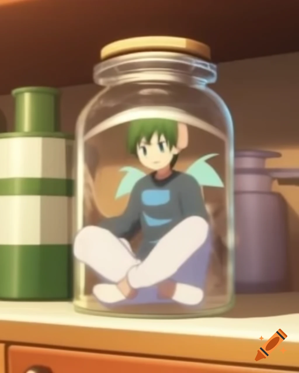 Anime fairy in modern clothes posing inside glass jar on kitchen shelf ...