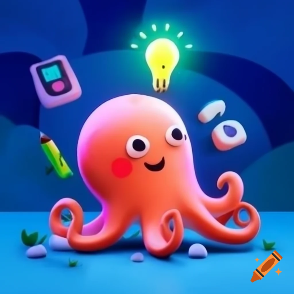 Smiling octopus juggling pencil, lightbulb, and telephone on Craiyon