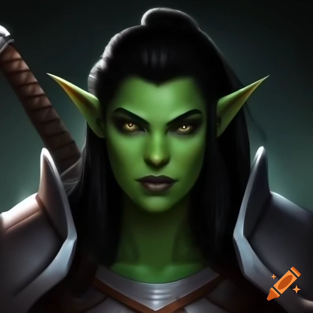 Half-orc female crusader in heavy plate armor wielding falchion on Craiyon