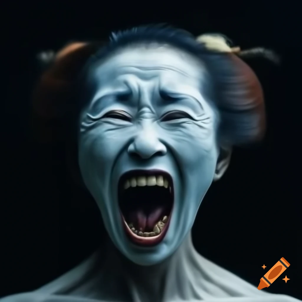 Close-up of Japanese Butoh dancer with dramatic white makeup and ...