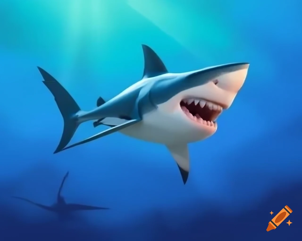 Fish escaping from shark in Disney-style illustration on Craiyon