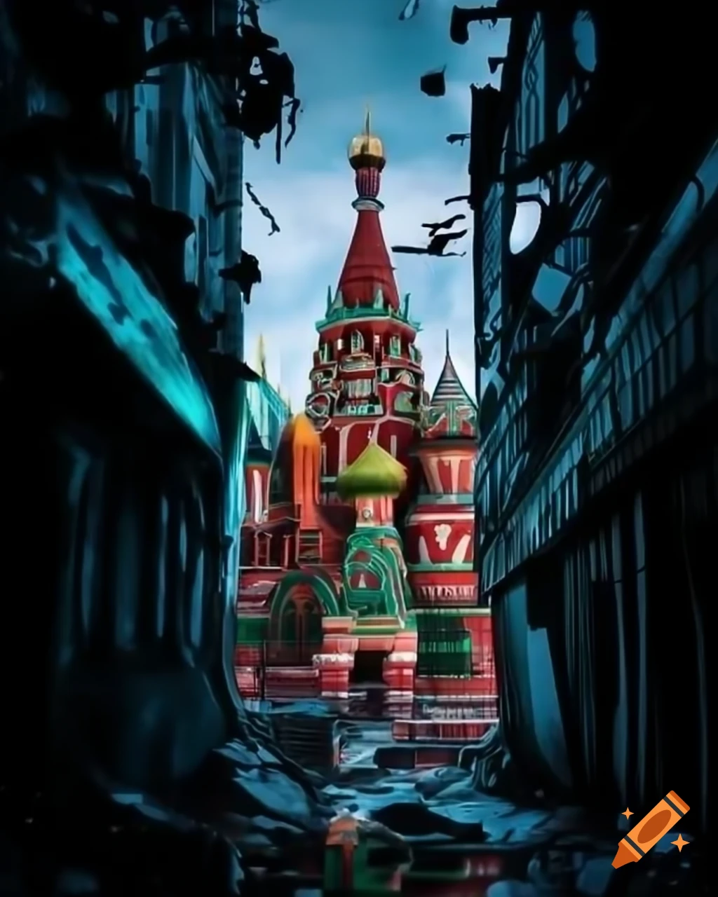 Futuristic Moscow Kremlin in disrepair with cyberpunk neon lights on ...