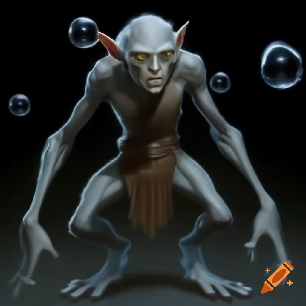 Lanky grey-skinned goblin with long limbs in metal armor on Craiyon