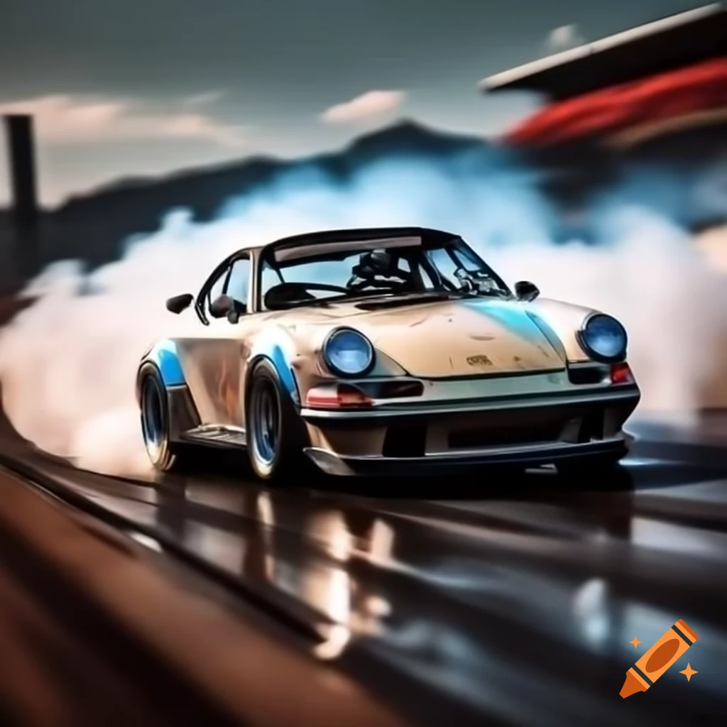 Dynamic Porsche 911 drifting on racetrack with smoke and tire dust on ...