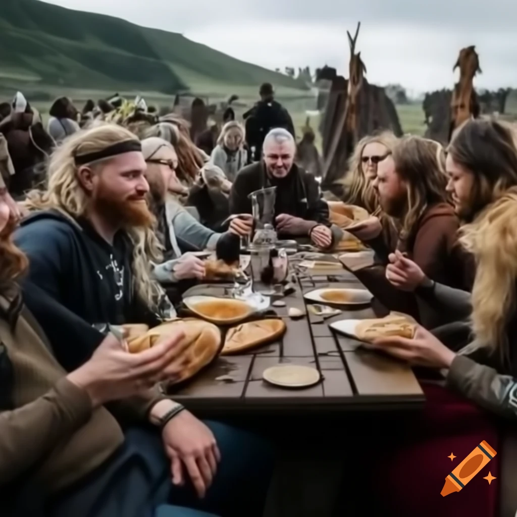 Viking festival scene with people enjoying food and drinks, laughing on ...