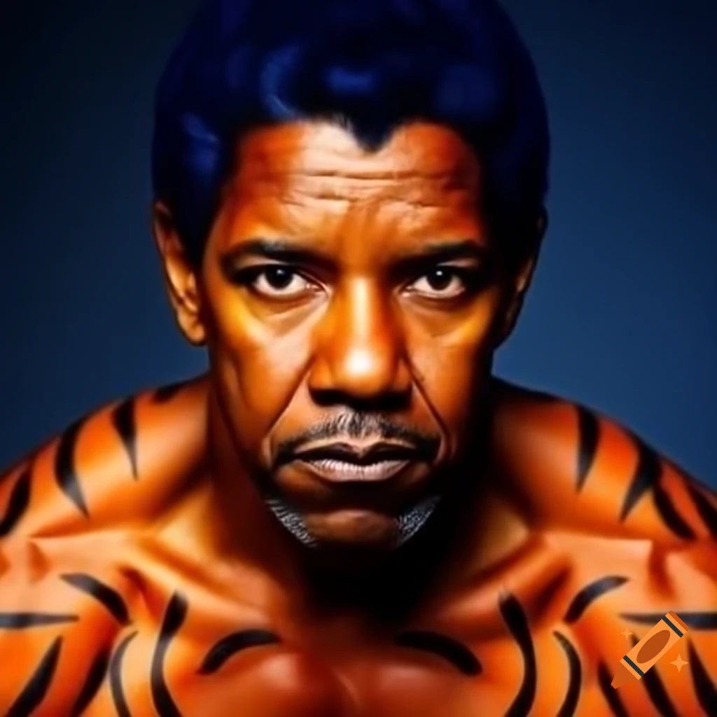 Muscular man with tiger-style makeup, blue hair, and orange skin on Craiyon