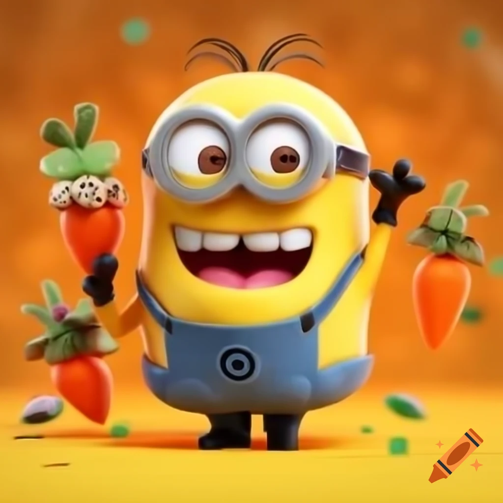 Minion dressed as carrot celebrating hedgehog's birthday in a cheerful ...