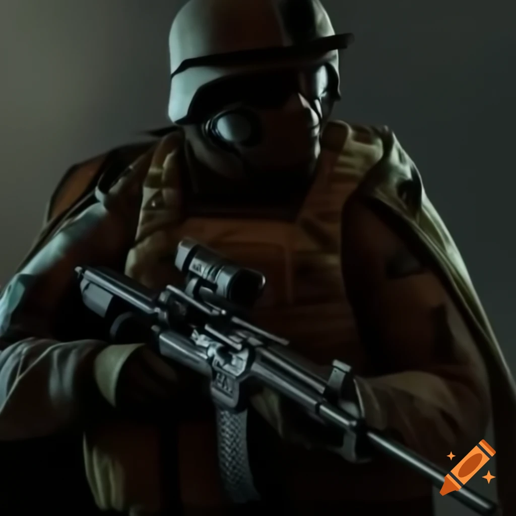 Marine in Kevlar armor with sniper rifle and cape on Craiyon