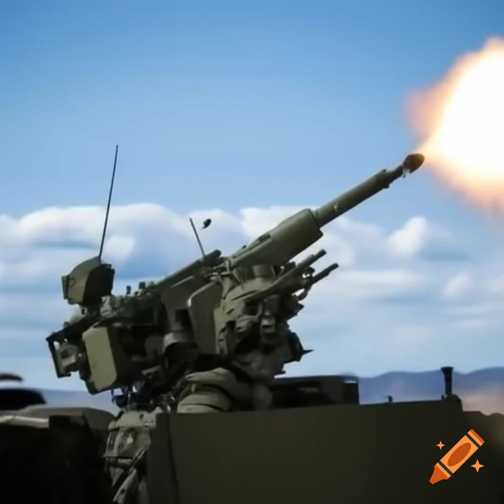 Turret rotating anti-aircraft gun firing into the sky on Craiyon