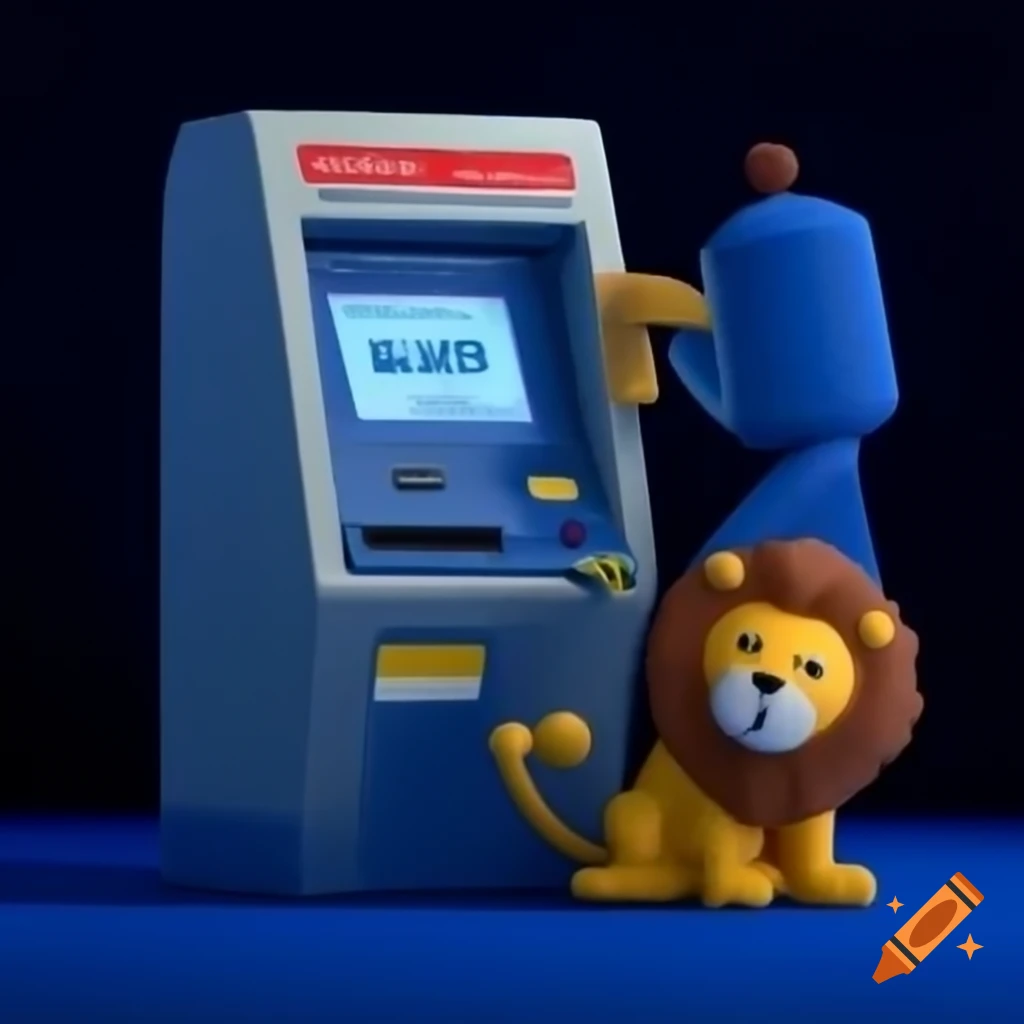 Lion mascot representing an ATM with the name Saving's Box on Craiyon