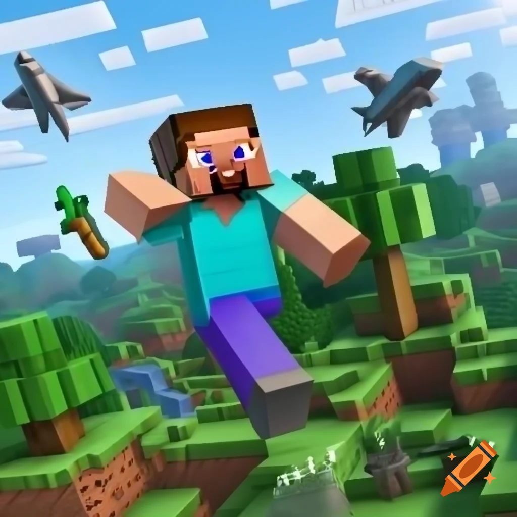 Character Steve from Minecraft movie flying with jetpack towards large ...
