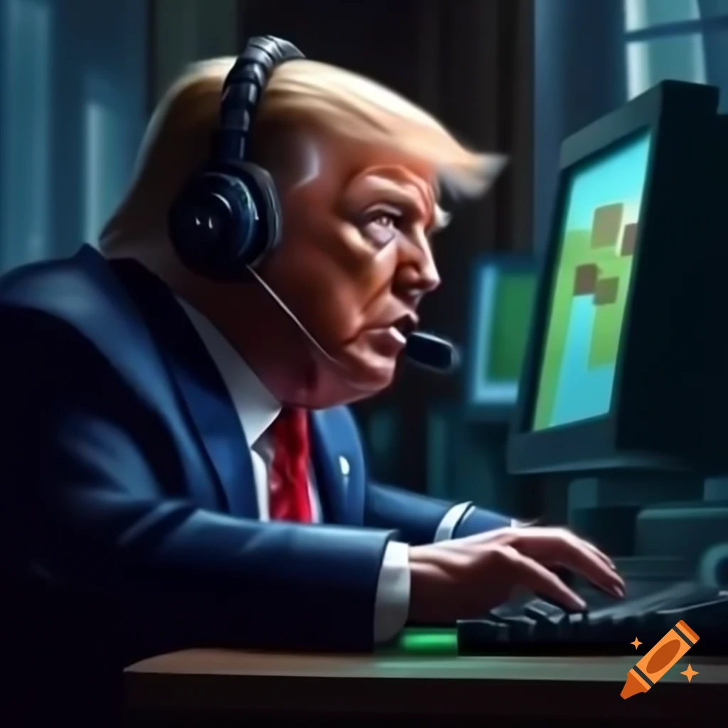 Donald J. Trump playing Minecraft with gaming headset, looking ...