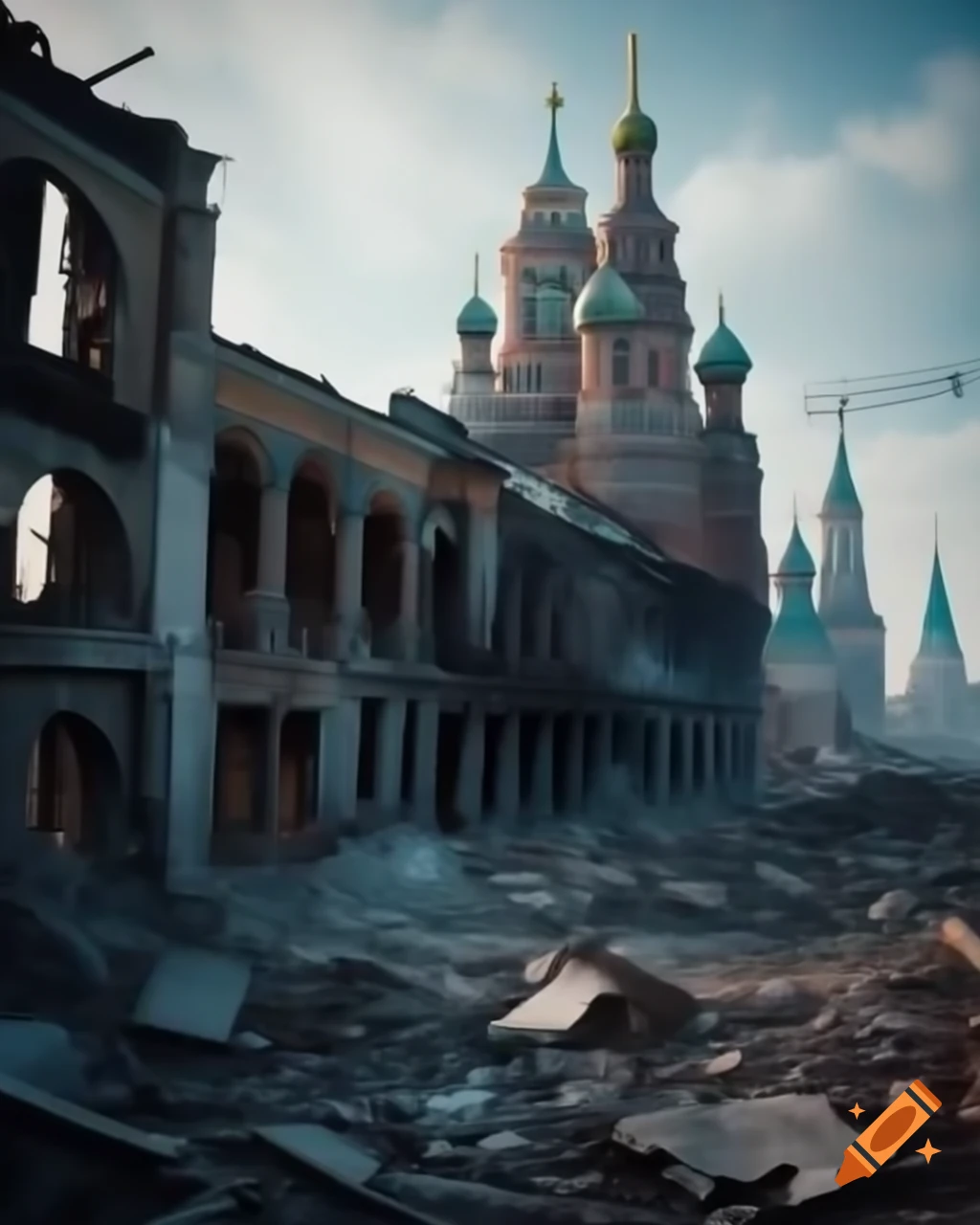 Cyberpunk depiction of a destroyed Moscow Kremlin on Craiyon