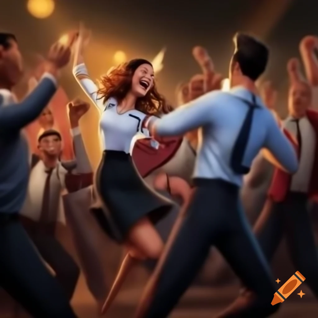 Accountant and IT girl dancing with cheering crowd in comic style on ...