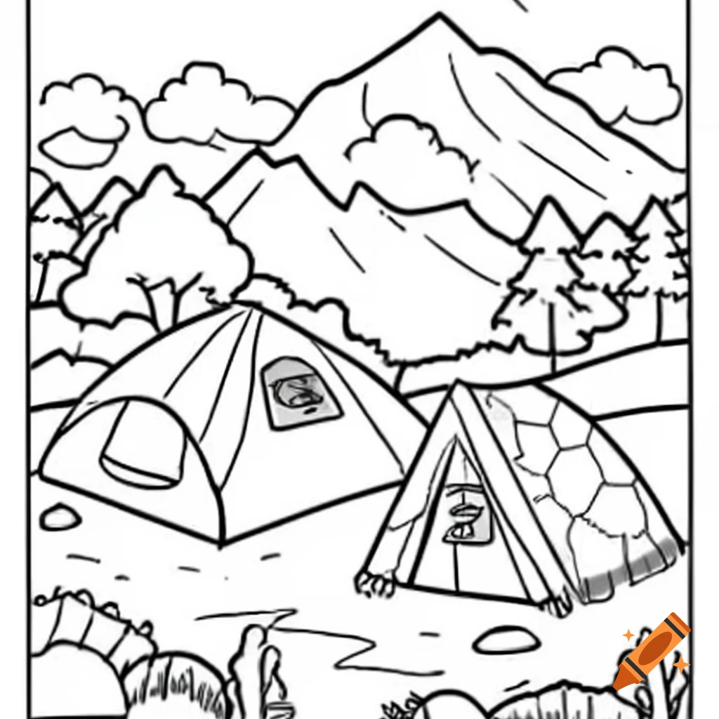 Black and white coloring page of a campsite featuring a cabin on Craiyon