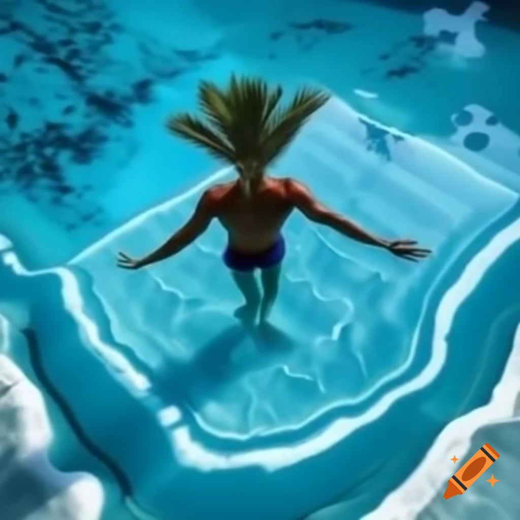 Lone palm tree reflecting in a clear swimming pool on Craiyon