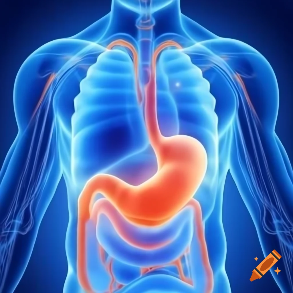 Stylized illustration of human digestive tract with highlighted stomach ...
