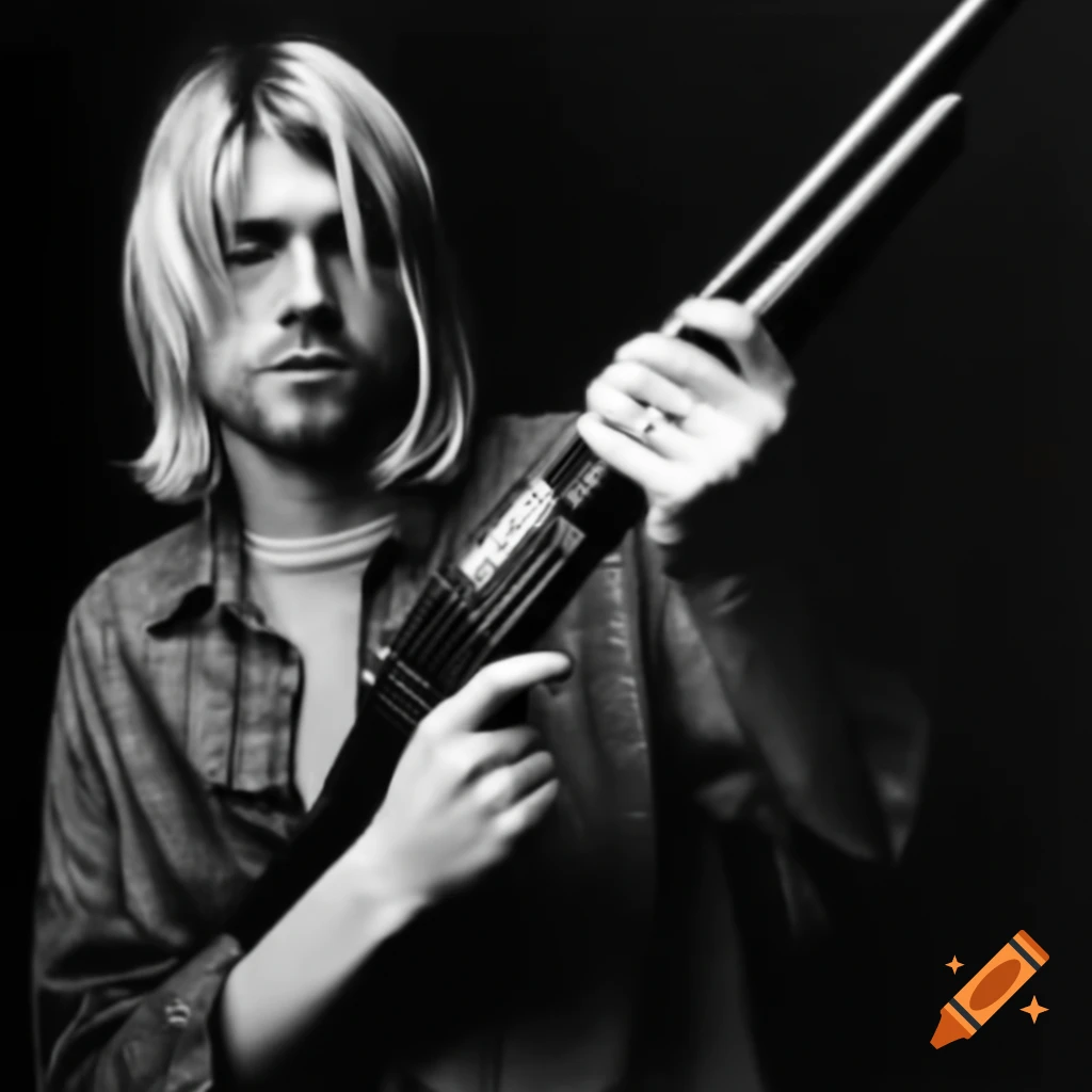 Kurt Cobain holding a guitar and shotgun, iconic musician moment on Craiyon