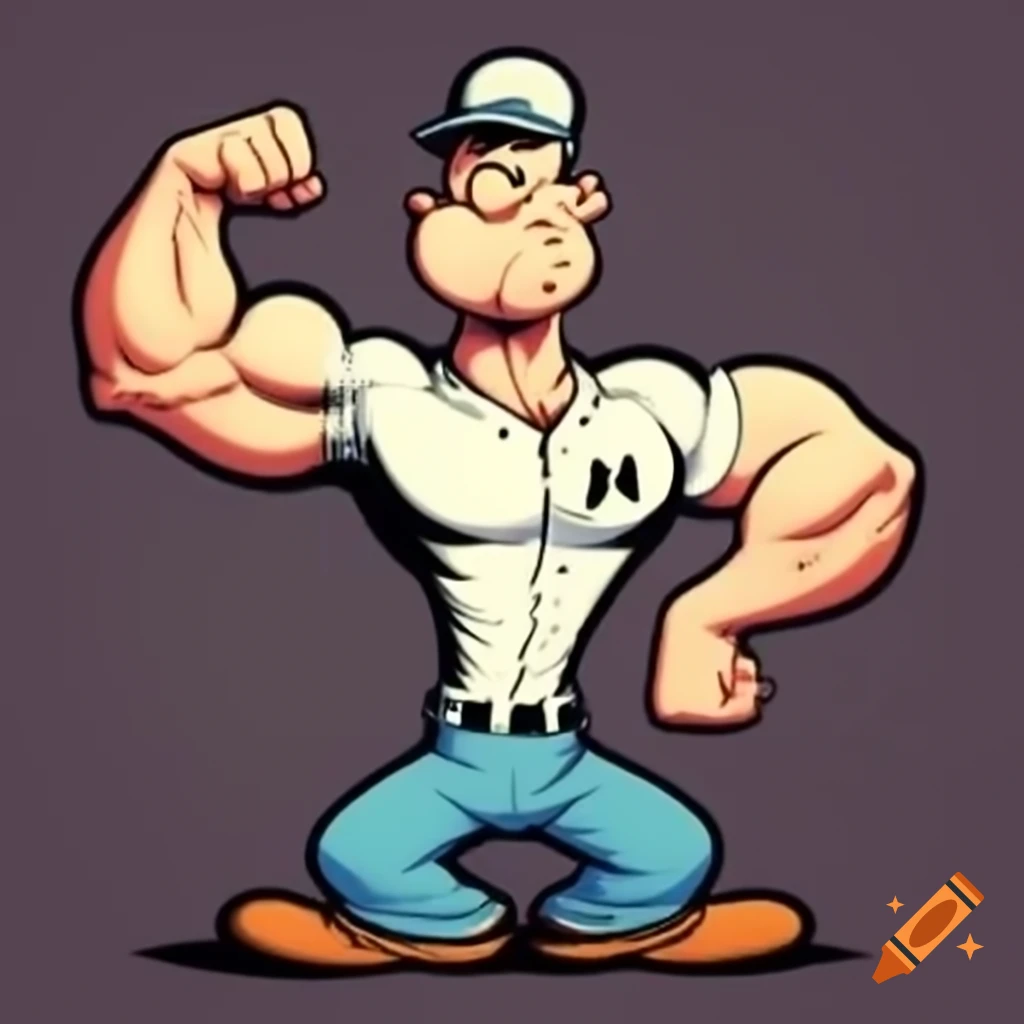 Cartoon baseball player in Popeye style flexing bicep, vintage comic ...