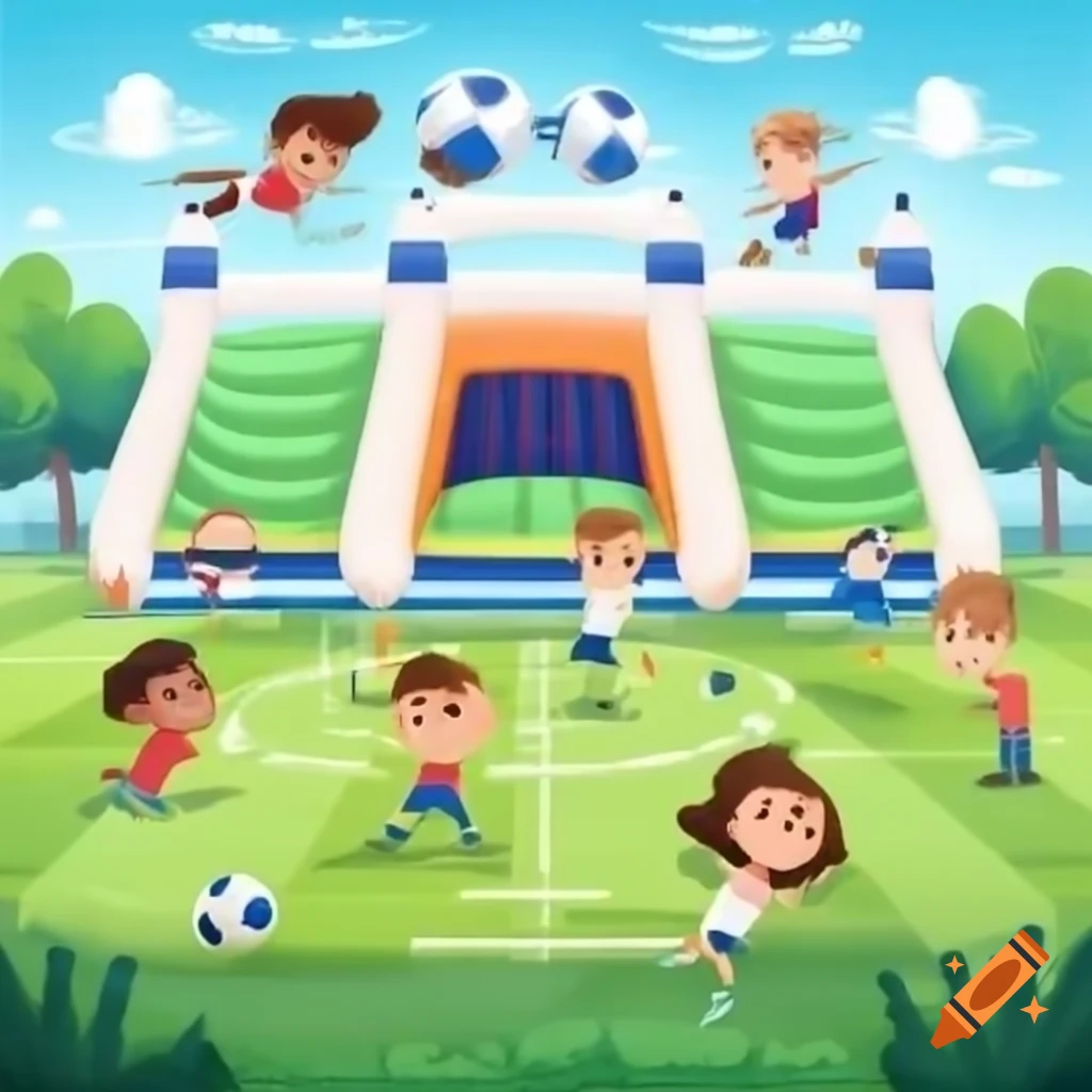 Children playing on bouncy castle at city soccer stadium with happy ...