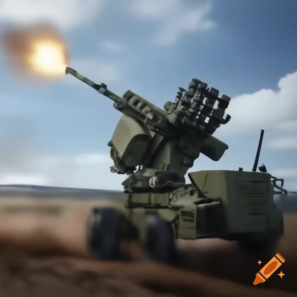 Turret rotating anti-aircraft gun firing into the sky on Craiyon