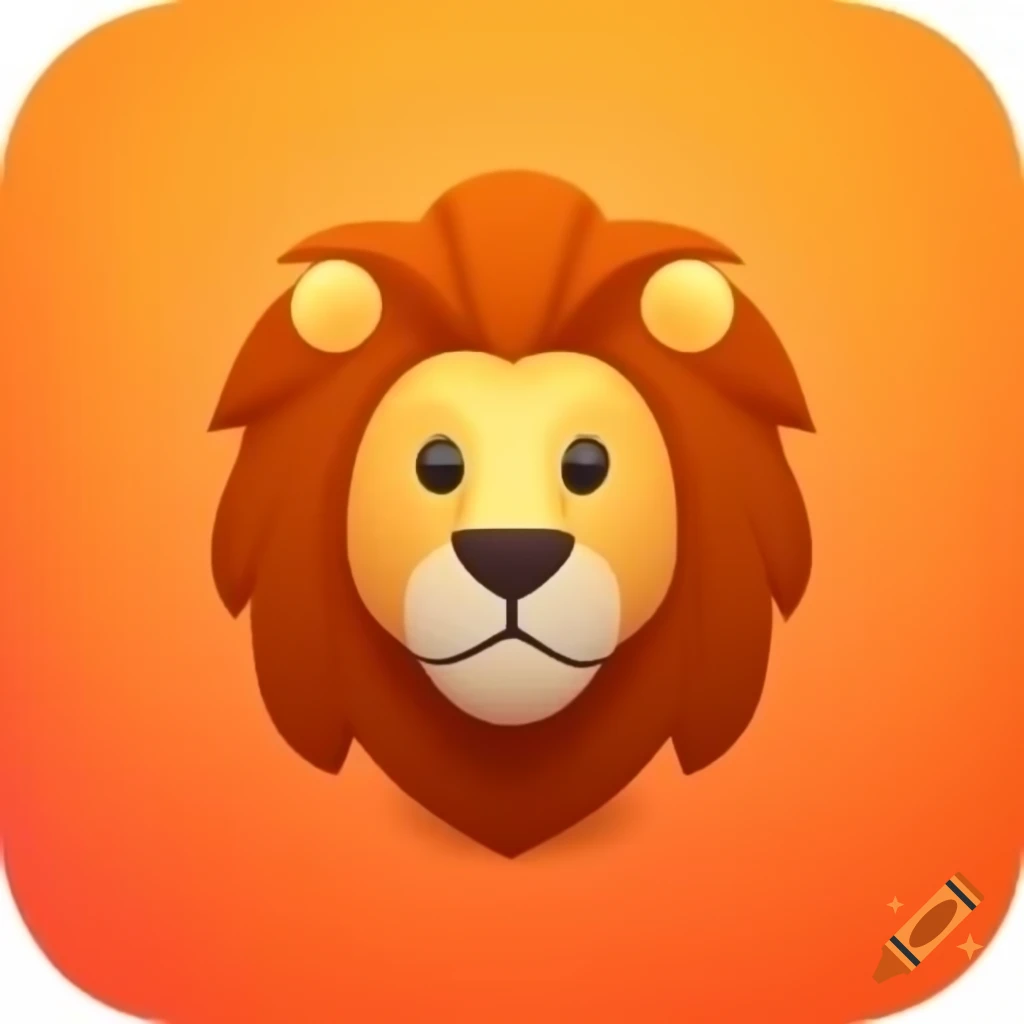 Animated lion app icon with vibrant orange background on Craiyon