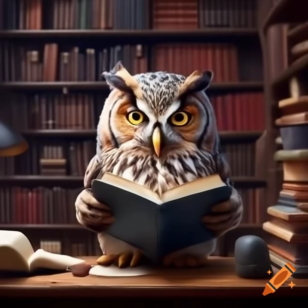 Owl reading a book in gothic library with encouraging expression on Craiyon