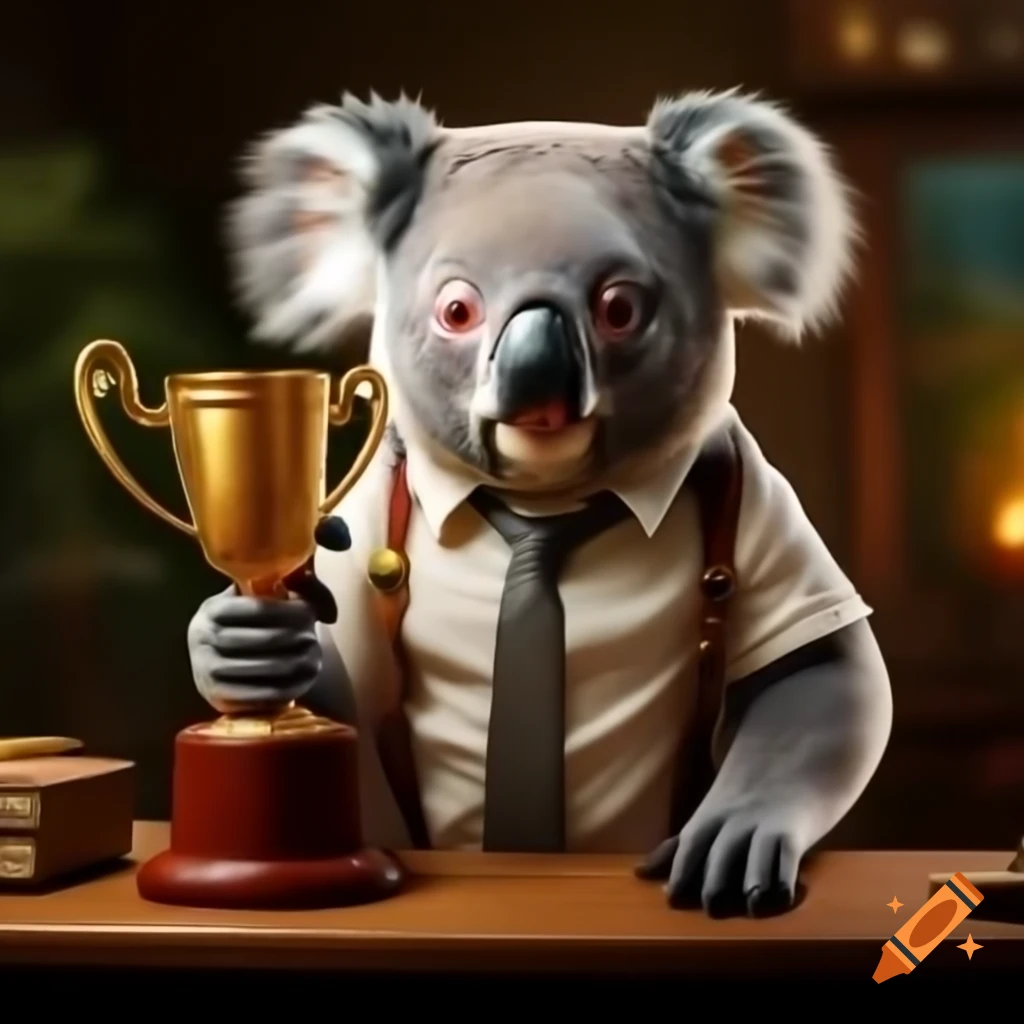 Anthropomorphic koala accepting an award on Craiyon