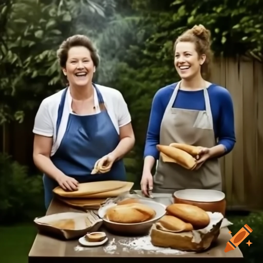 Lady and daughter enjoying bread in a flourishing garden countryside ...