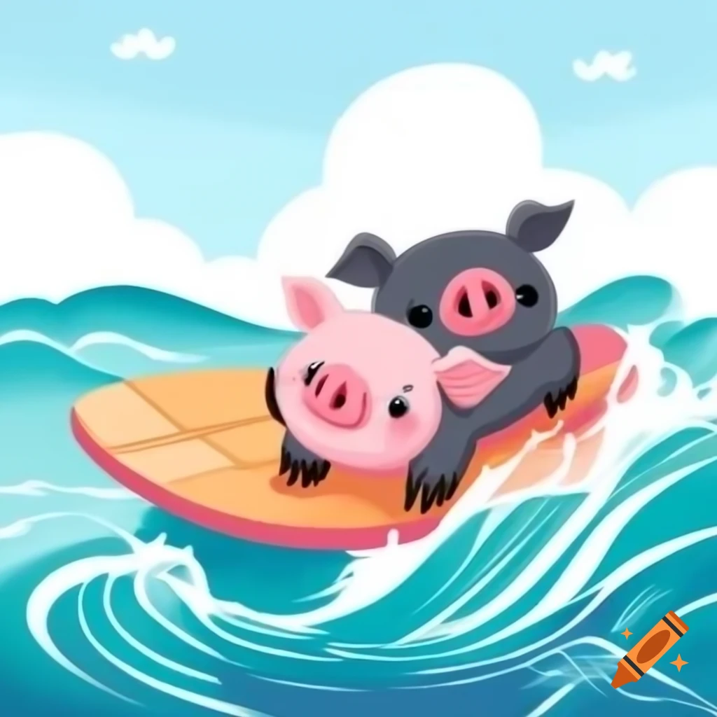 Cartoon pigs surfing ocean waves, one pink and one black on Craiyon