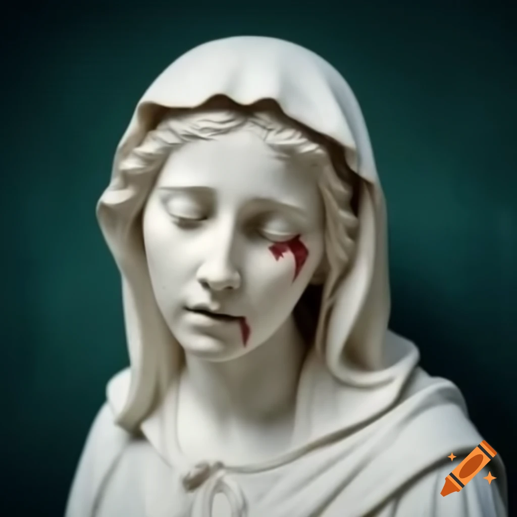 Chalk-white plaster statue of female saint with tears of blood on Craiyon