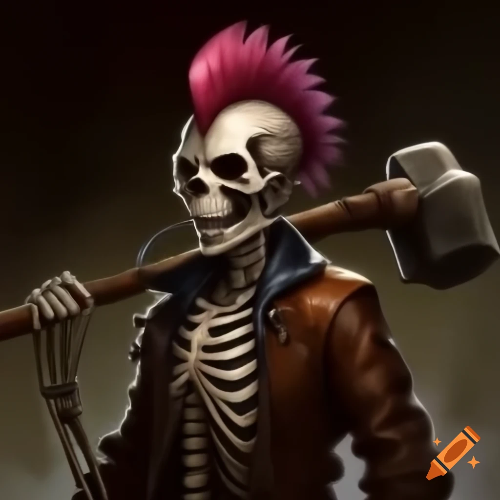 Screaming skeleton with mohawk in leather jacket holding a mace on Craiyon