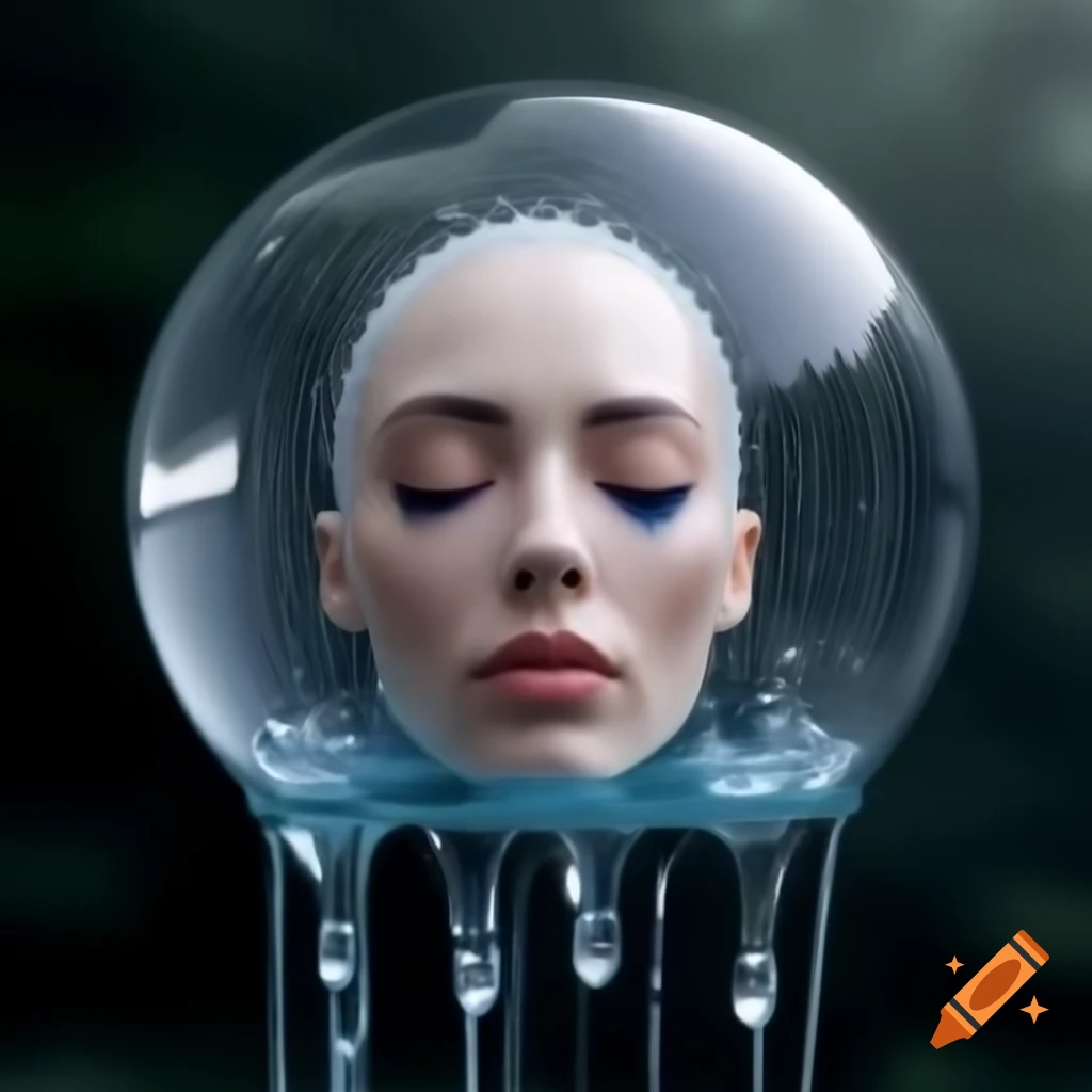 Humanoid figure made of mist with water-like texture inside glass dome ...