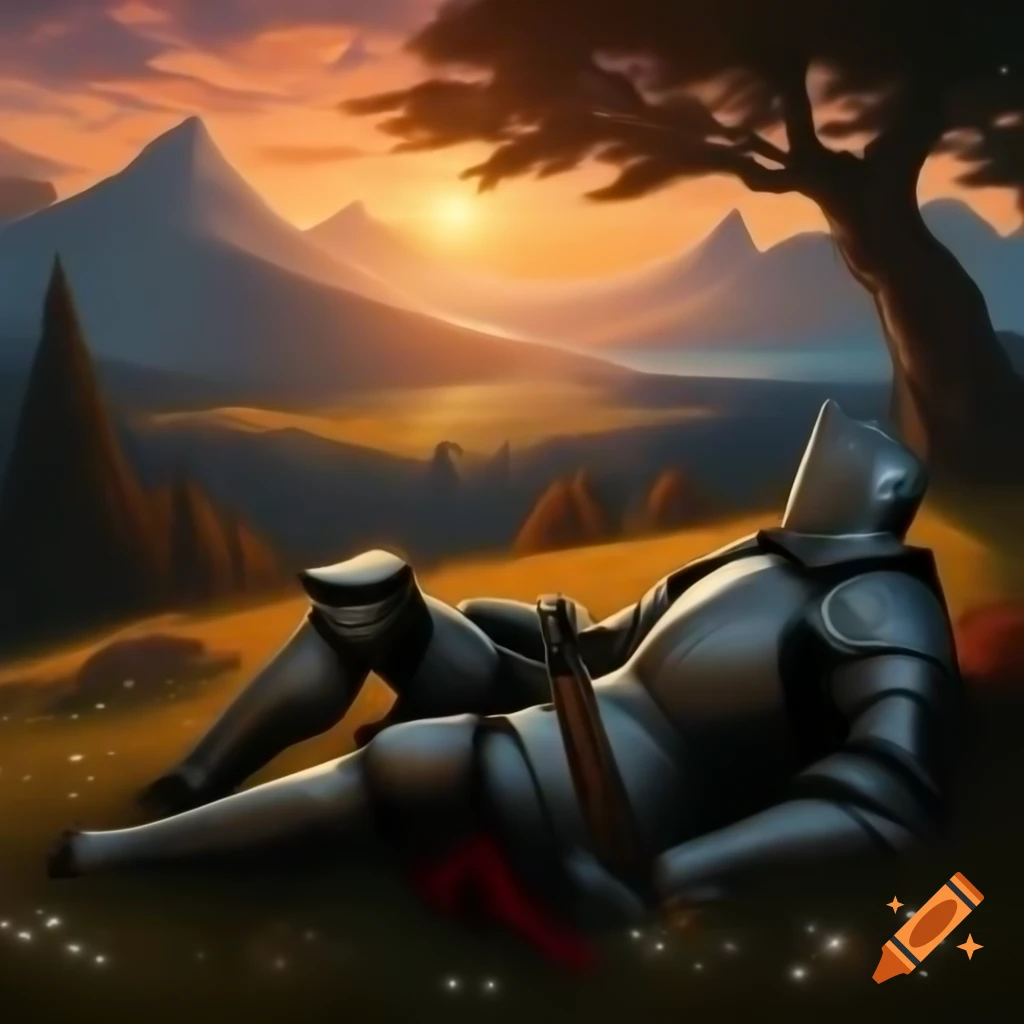 Knight resting against a tree in a sunset landscape with mountains on ...