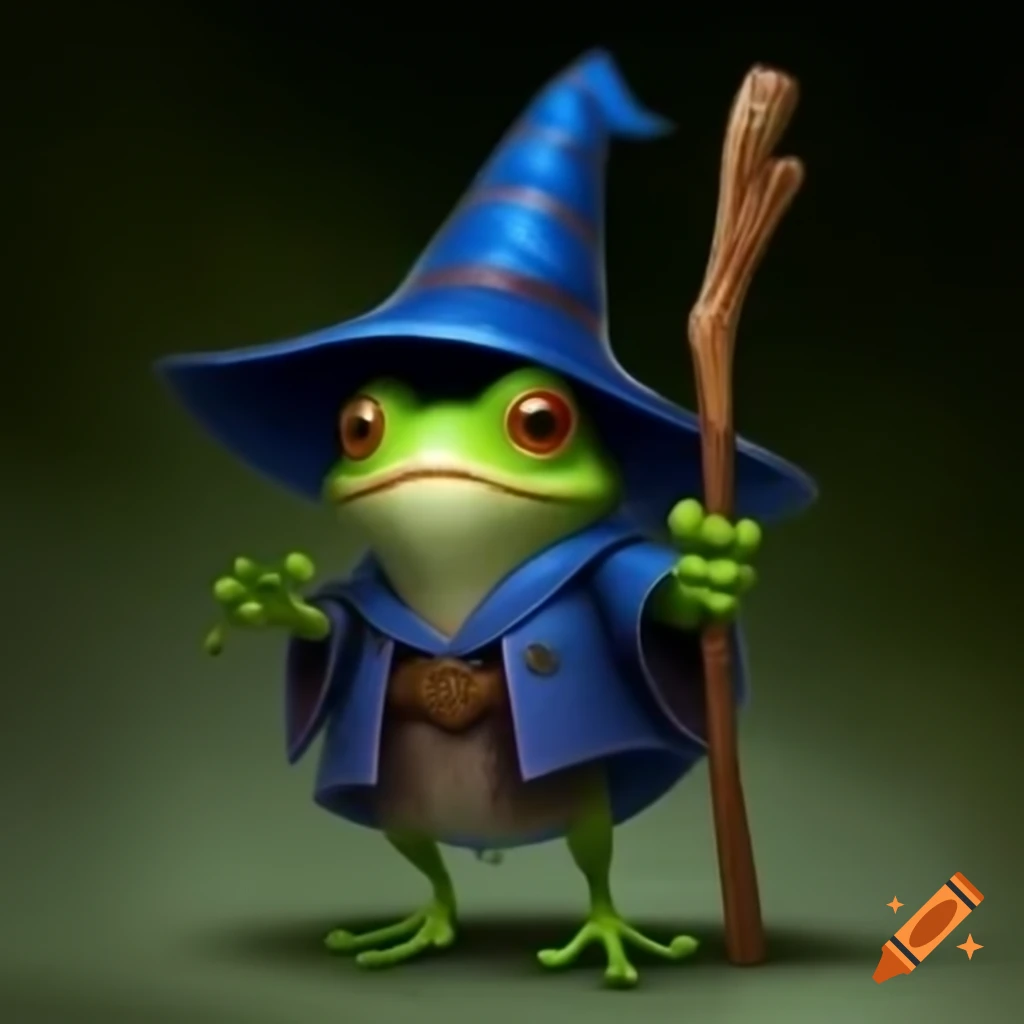Frog wizard with dark blue hat and coat holding wooden staff on Craiyon